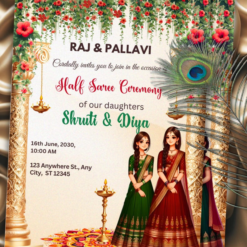 Sisters Half Saree Invitation 5x7", Editable Half Saree Ceremony ...