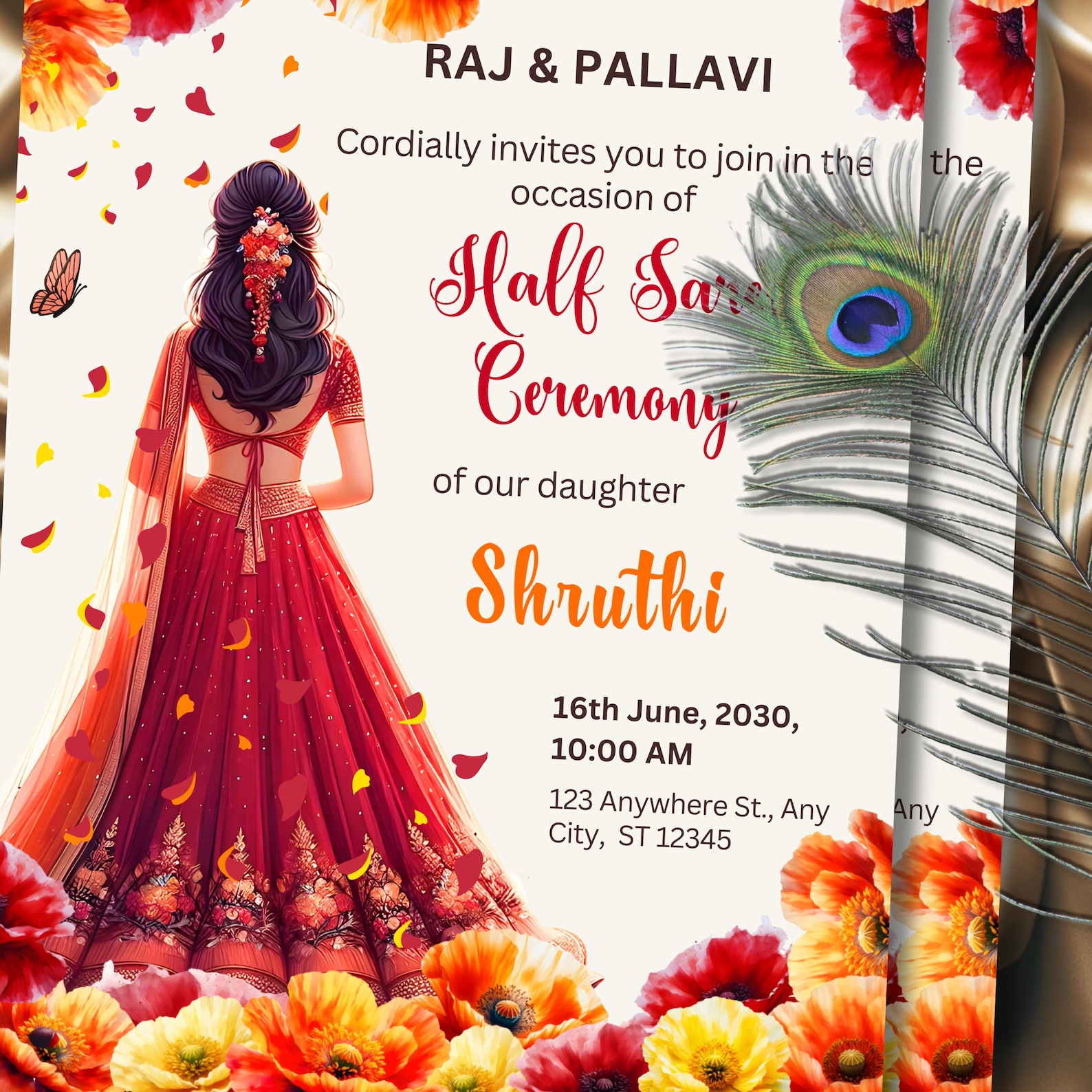 Half Saree Invitation 5x7", Editable Half Saree Ceremony Invitation ...