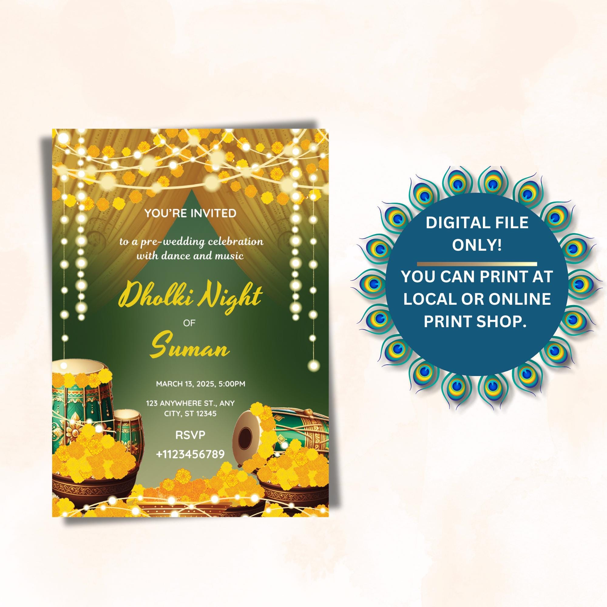 Dholki Invitation 5x7", Editable Colorful Invitation for Dholki Night ...