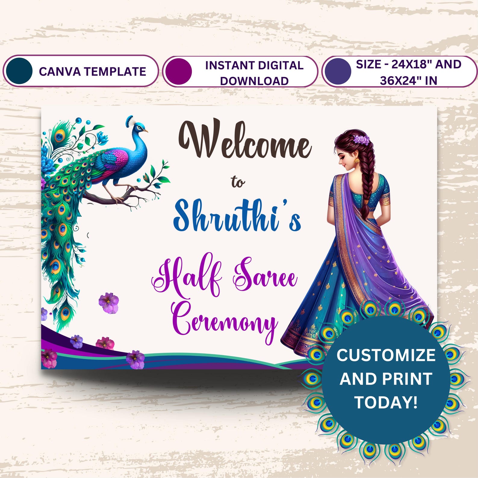 Half Saree Ceremony Welcome Sign, Customizable South Indian Puberty ...