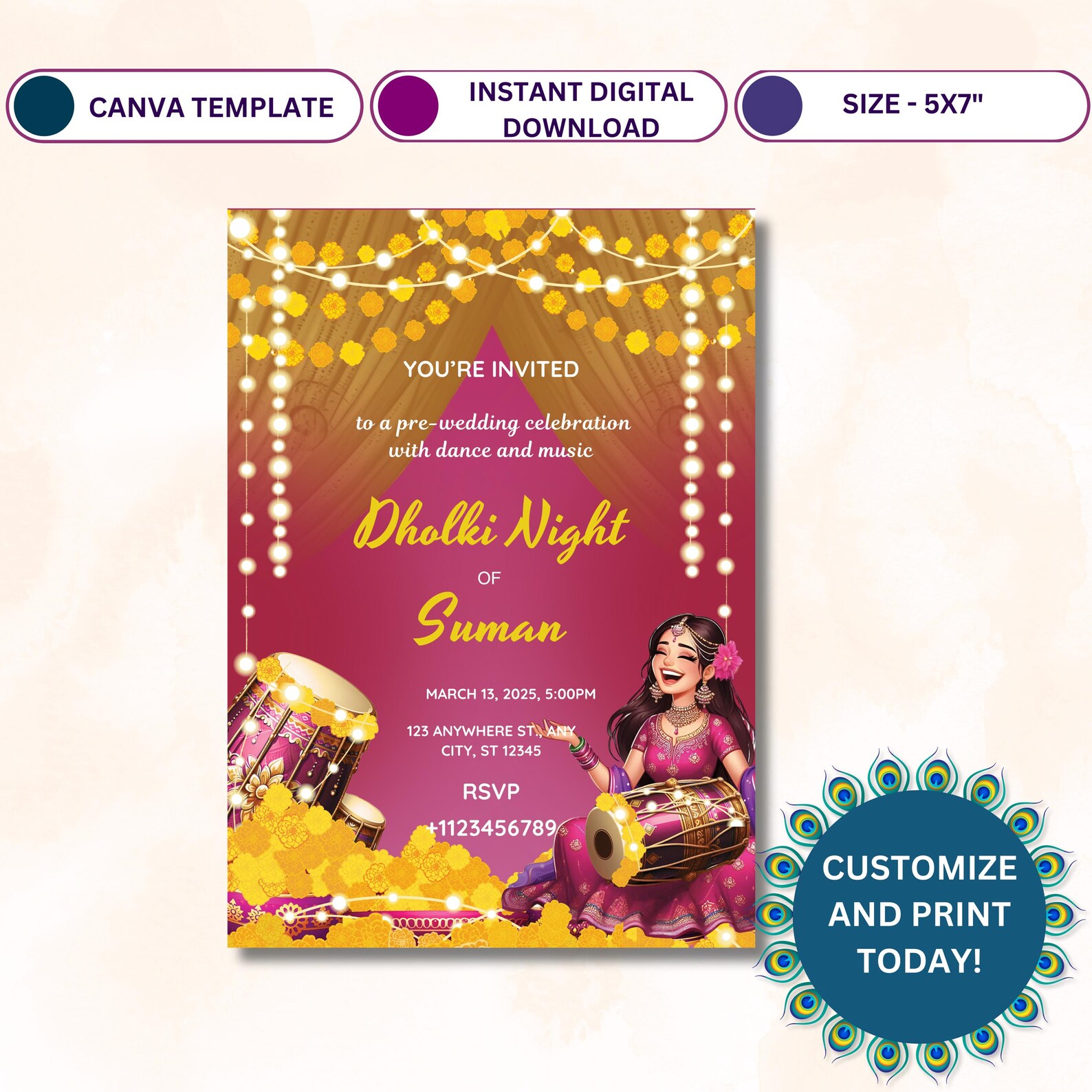 Dholki Invitation 5x7", Editable Colorful Invitation for Dholki Night ...