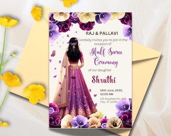 Half Saree Invitation 5x7", Editable Half Saree Ceremony Invitation ...