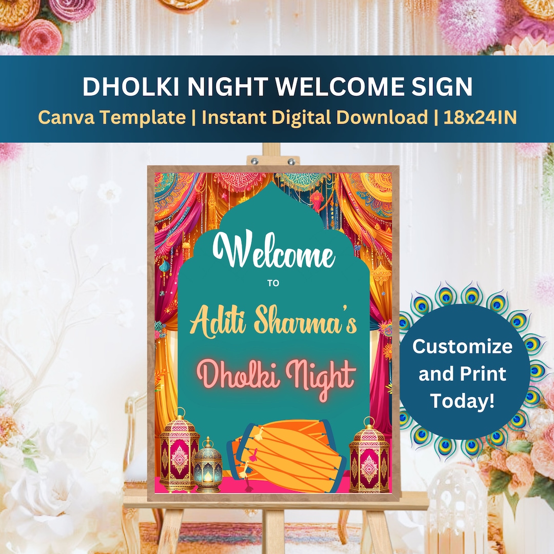 Dholki Sign, Editable Welcome Sign for Dholki Night, Dholki Welcome ...