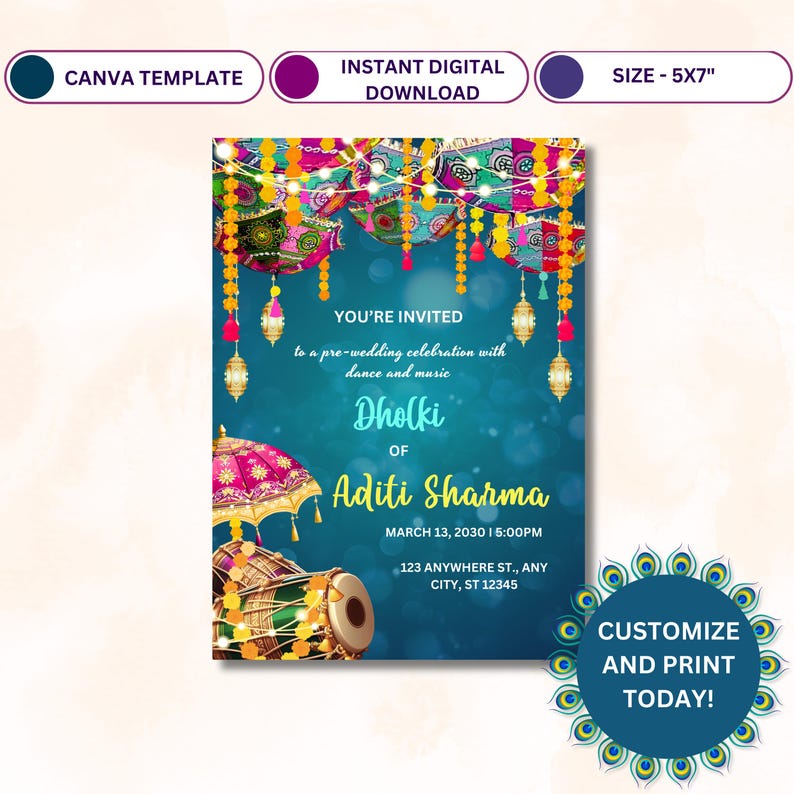Dholki Invitation 5x7", Editable Colorful Invitation for Dholki Night ...