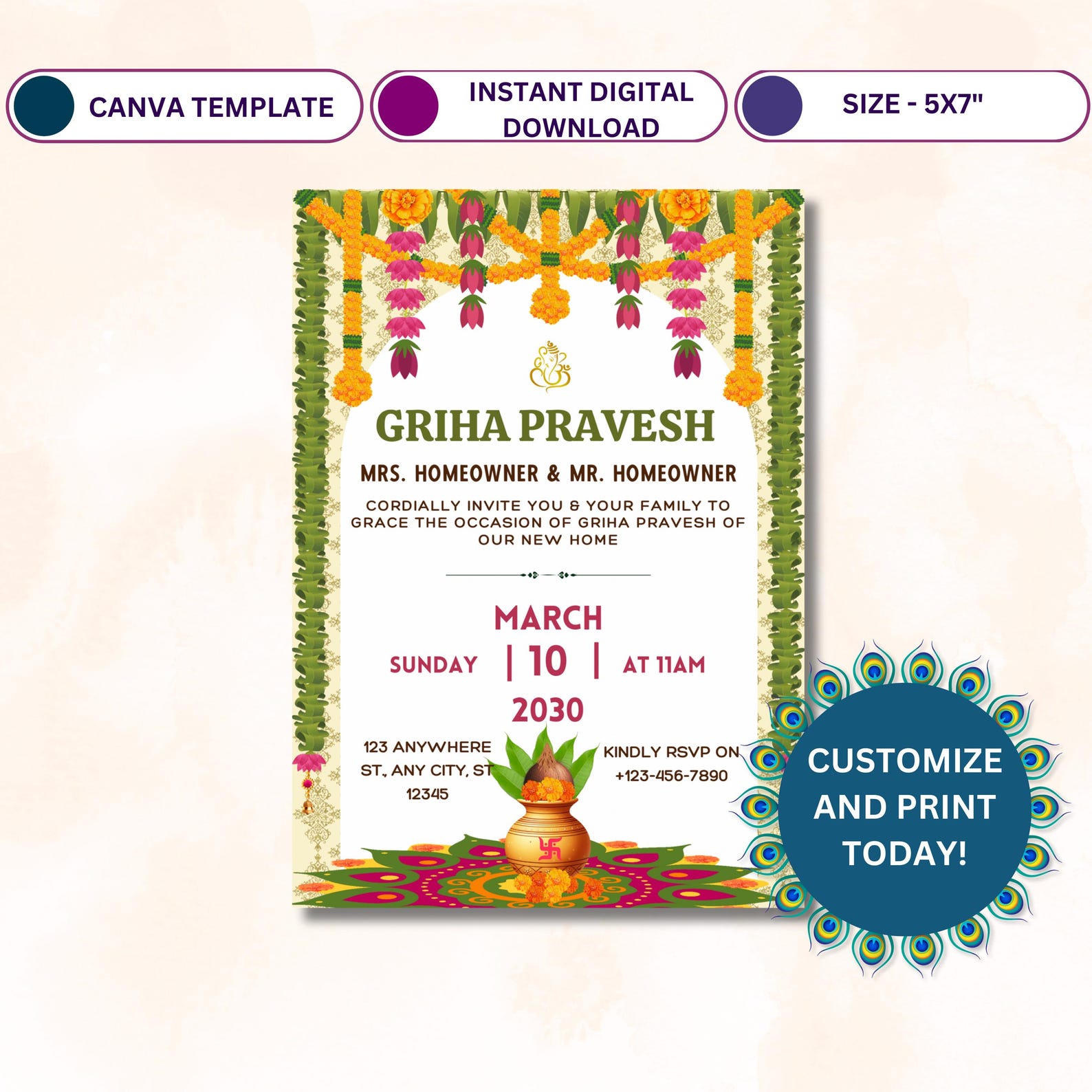 Indian Housewarming Invitation, Customizable Invitation for Indian ...