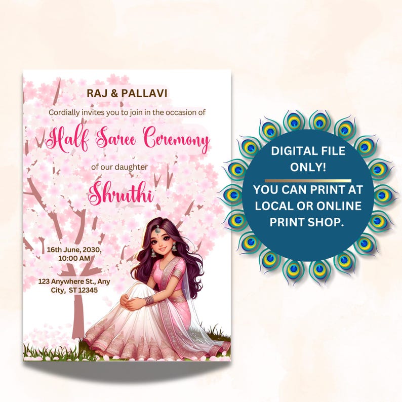 Half Saree Invitation 5x7", Editable Half Saree Ceremony Invitation ...