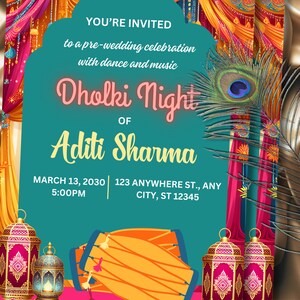 Dholki Invitation 5x7", Editable Colorful Invitation for Dholki Night ...