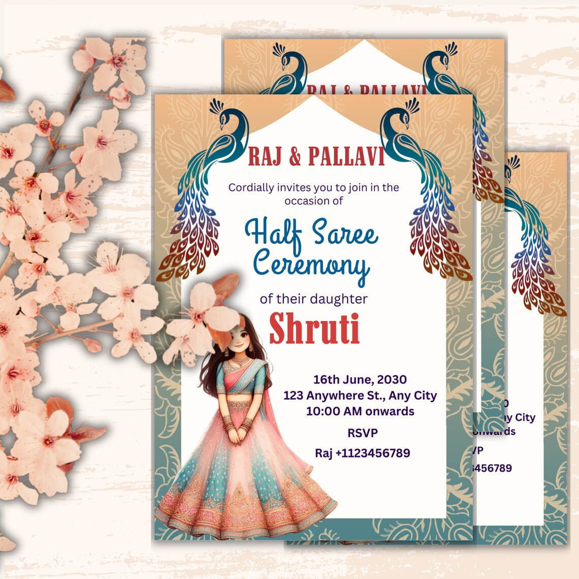 Half Saree Invitation 5x7, Editable Half Saree Ceremony Invitation ...