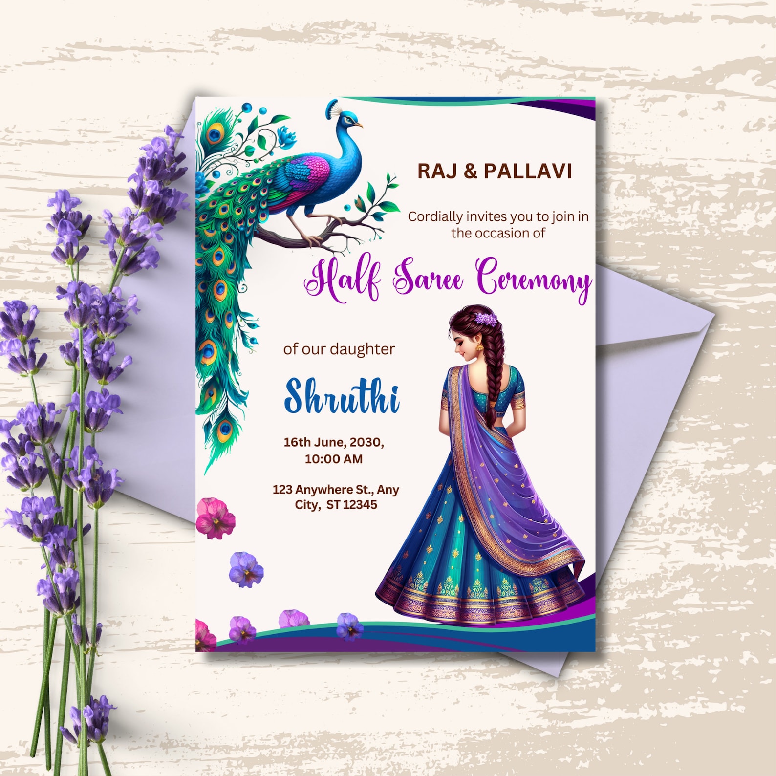 Half Saree Invitation 5x7, Editable Half Saree Ceremony Invitation ...