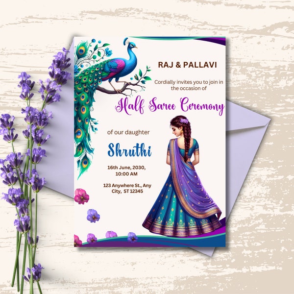Half Saree Invitation 5x7, Editable Half Saree Ceremony Invitation ...