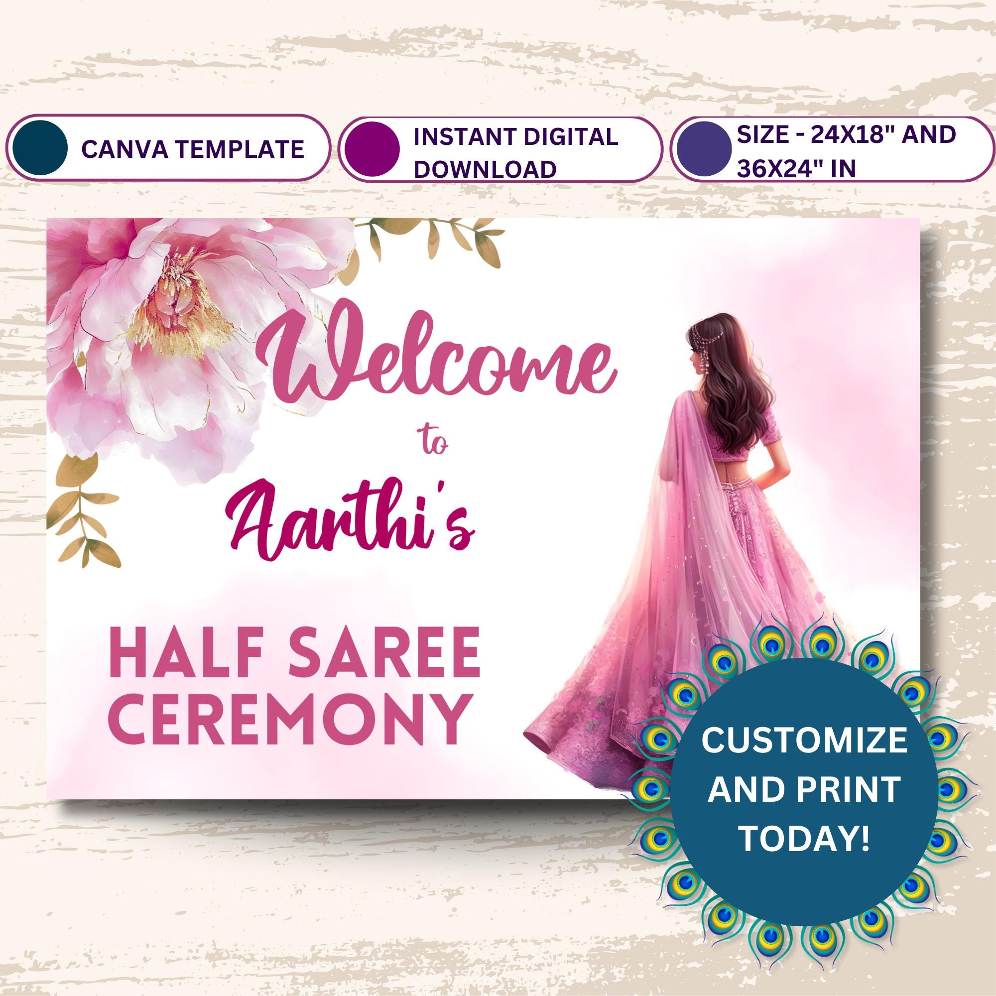 Half Saree Ceremony Welcome Sign, Customizable South Indian Puberty ...