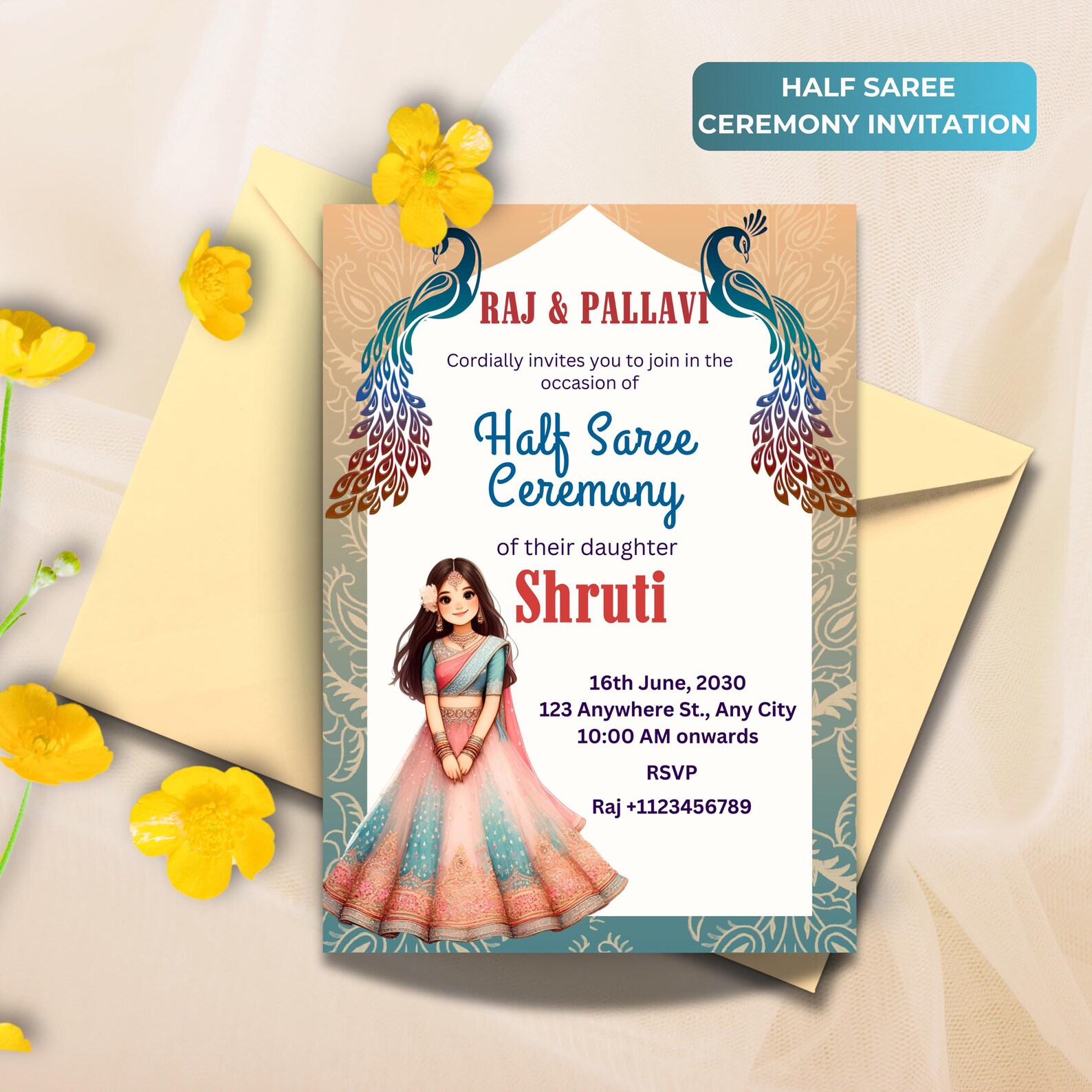 Half Saree Invitation 5x7", Editable Half Saree Ceremony Invitation ...