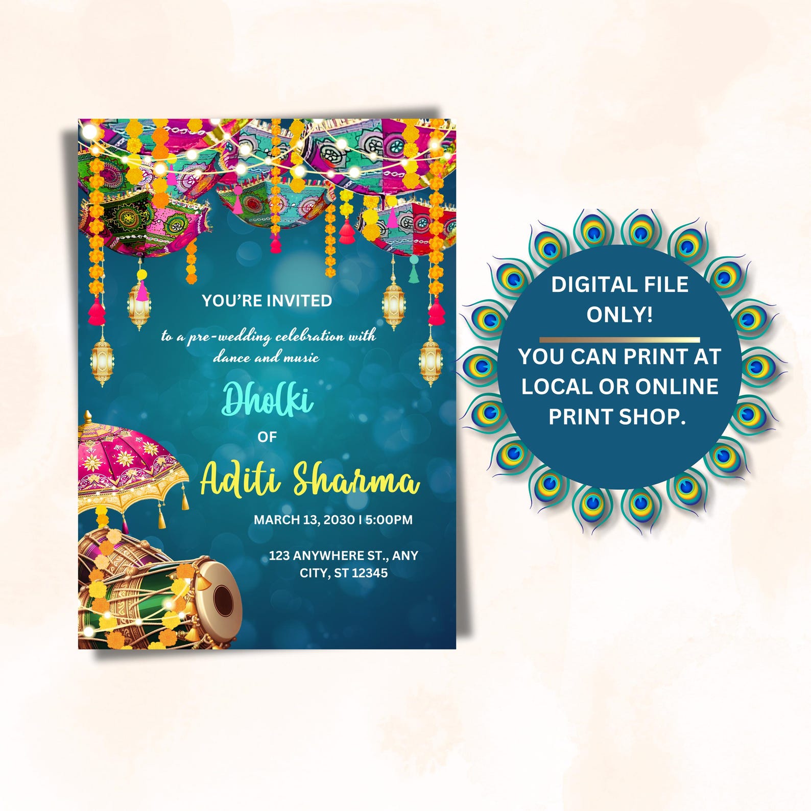 Dholki Invitation 5x7", Editable Colorful Invitation for Dholki Night ...