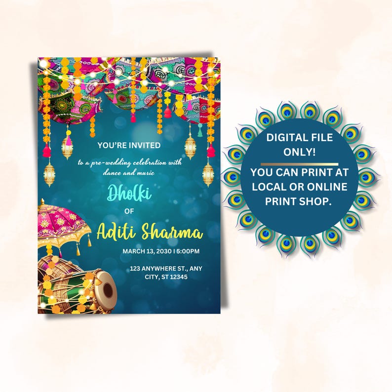 Dholki Invitation 5x7", Editable Colorful Invitation for Dholki Night ...