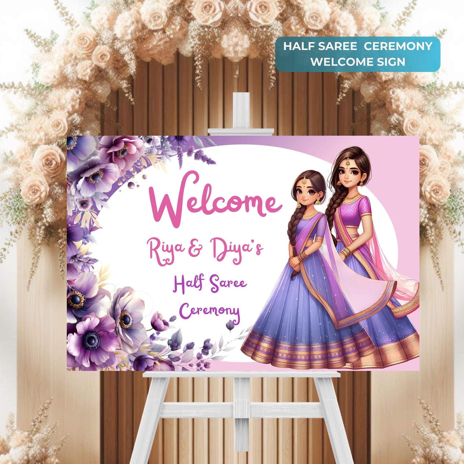 Half Saree Ceremony Welcome Sign for Sisters, Customizable South Indian ...