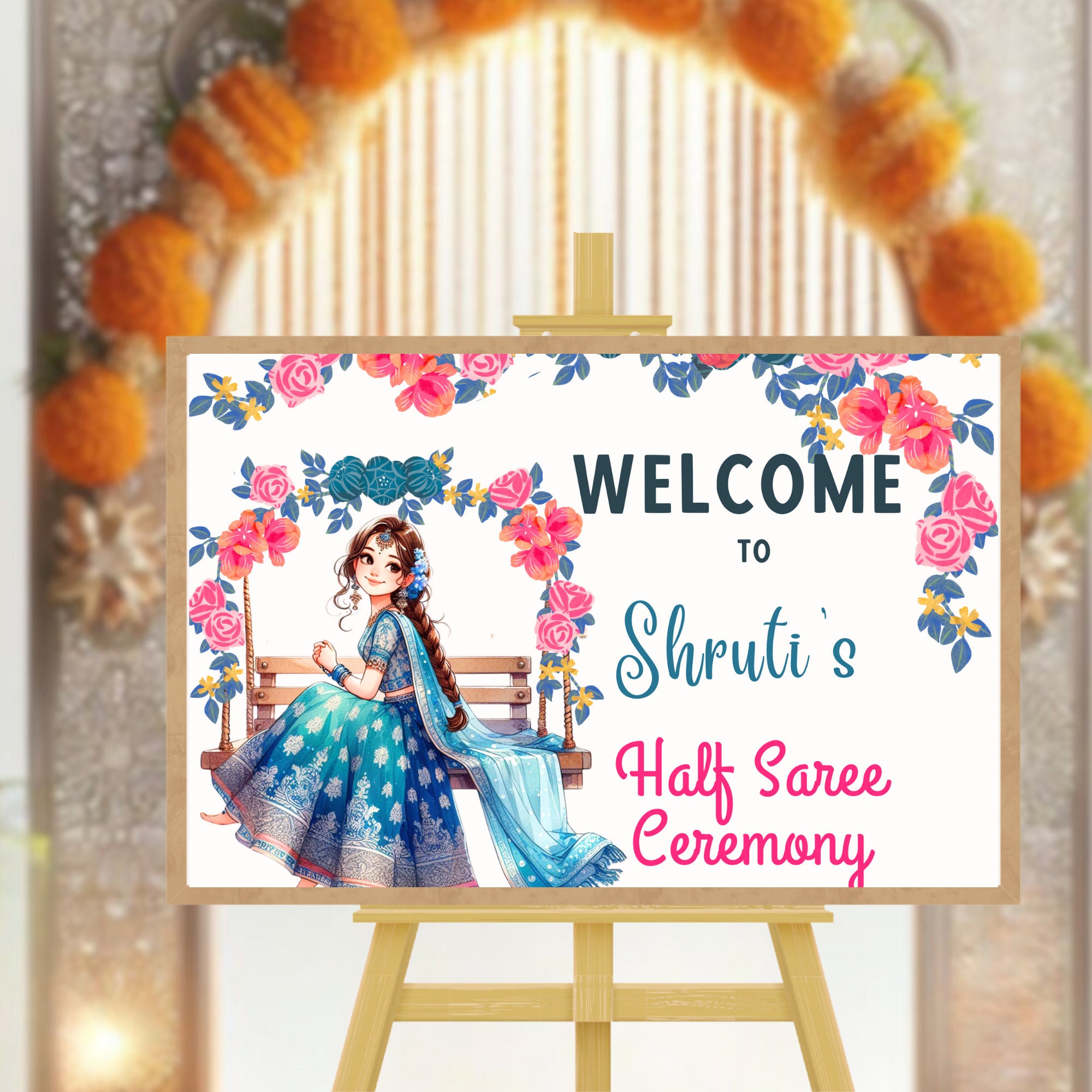 Half Saree Ceremony Welcome Sign, South Indian Puberty Ceremony or Half ...