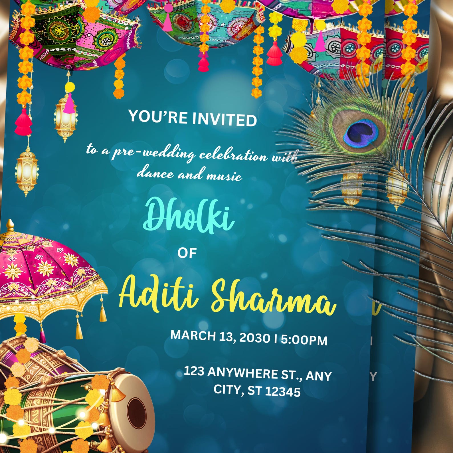 Dholki Invitation 5x7", Editable Colorful Invitation for Dholki Night ...