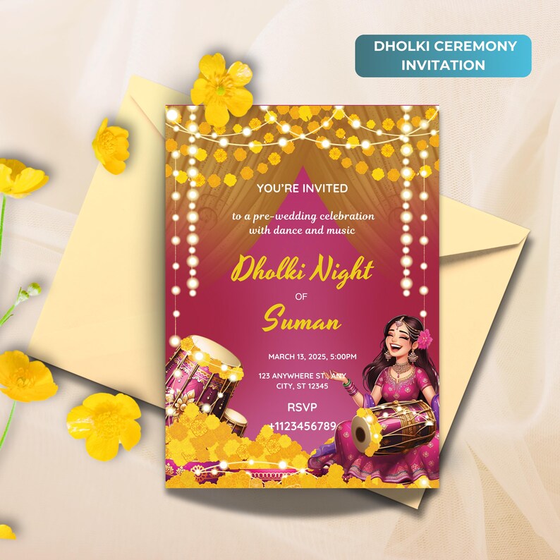 Dholki Invitation 5x7", Editable Colorful Invitation for Dholki Night ...