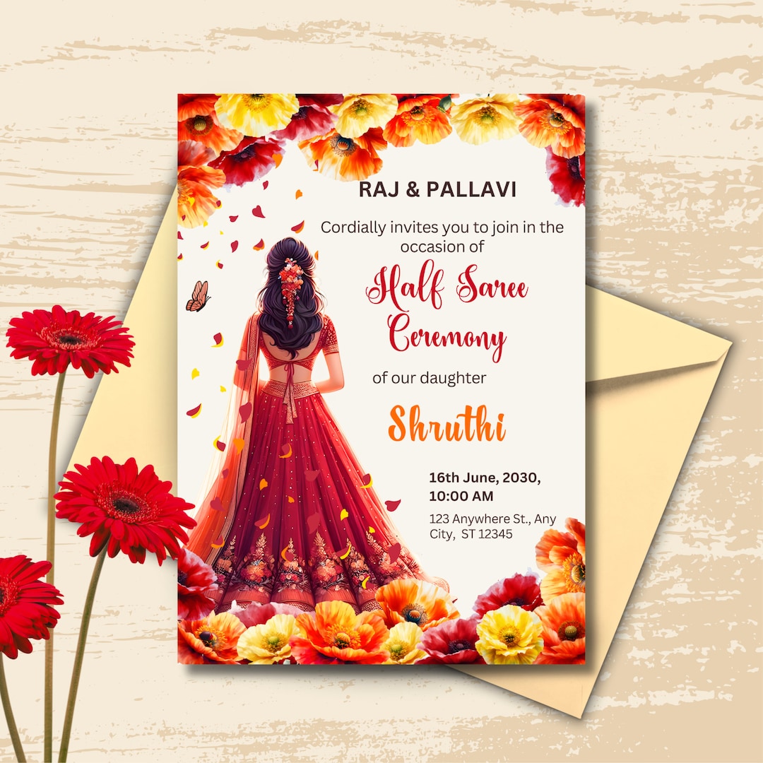 Half Saree Invitation 5x7, Editable Half Saree Ceremony Invitation ...