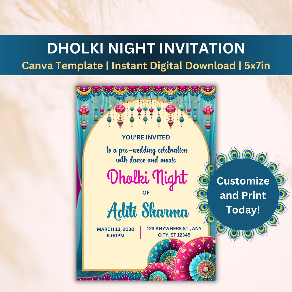 Dholki Invitation 5x7, Editable Colorful Invitation for Dholki Night ...