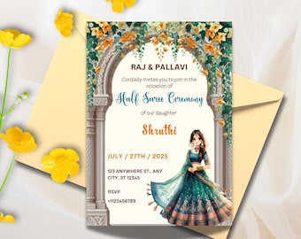 Half Saree Invitation 5x7", Editable Half Saree Ceremony Invitation ...