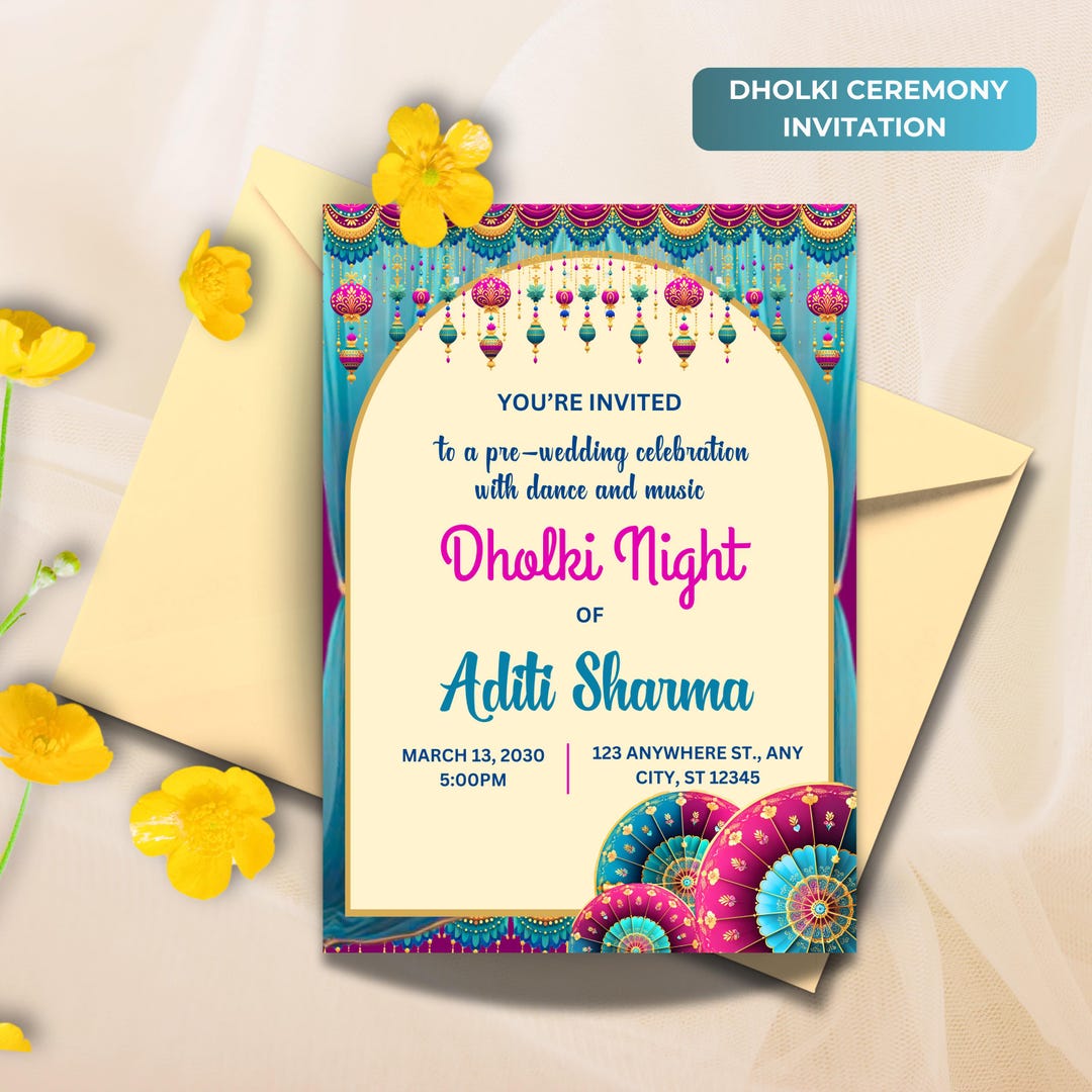 Dholki Invitation 5x7", Editable Colorful Invitation for Dholki Night ...