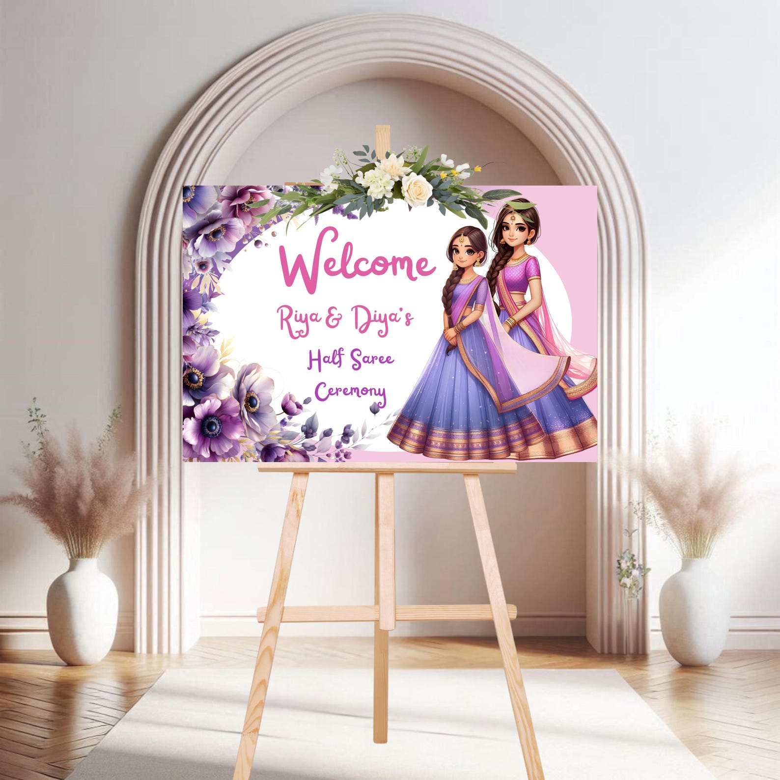 Half Saree Ceremony Welcome Sign for Sisters, Customizable South Indian ...