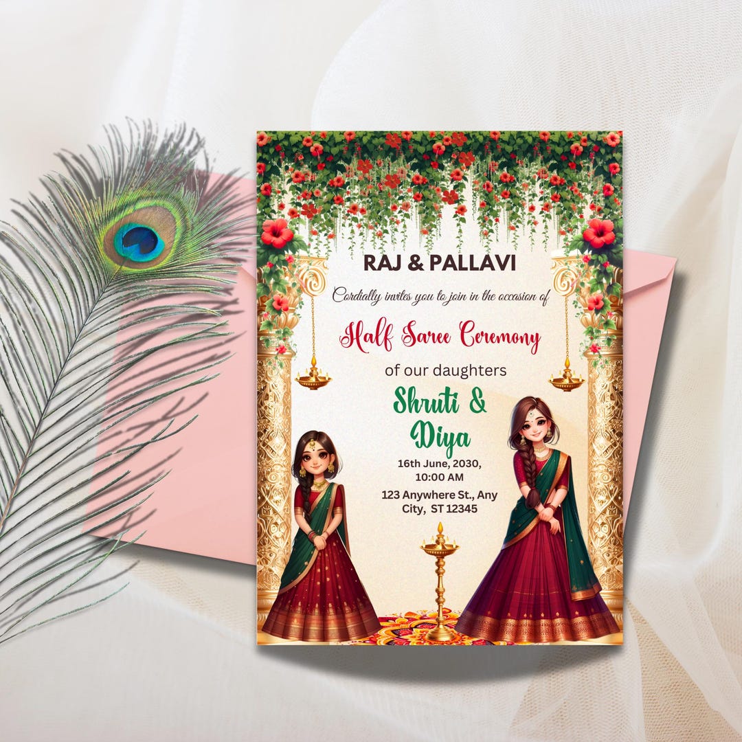 Sisters Half Saree Invitation 5x7", Editable Half Saree Ceremony ...