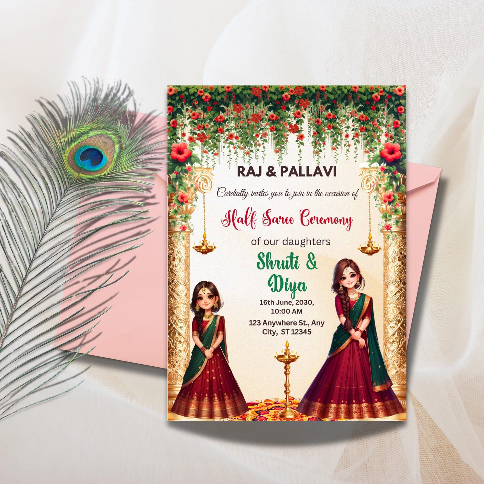 Sisters Half Saree Invitation 5x7", Editable Half Saree Ceremony ...