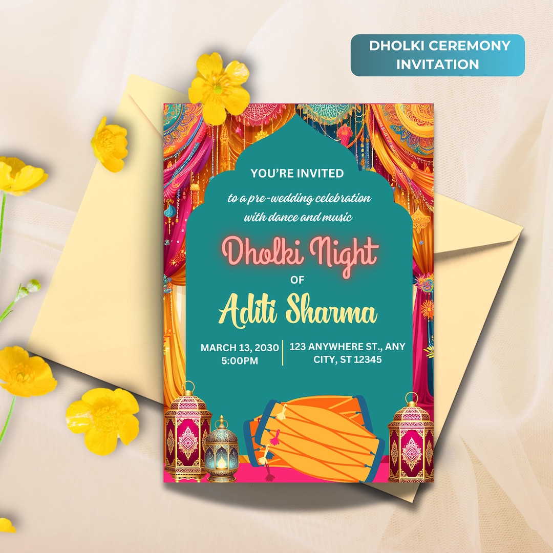 Dholki Invitation 5x7", Editable Colorful Invitation for Dholki Night ...
