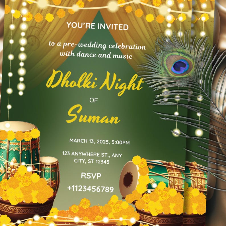 Dholki Invitation 5x7", Editable Colorful Invitation for Dholki Night ...