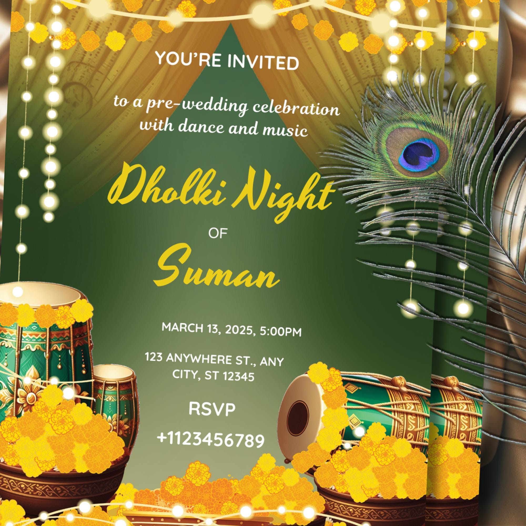 Dholki Invitation 5x7", Editable Colorful Invitation for Dholki Night ...