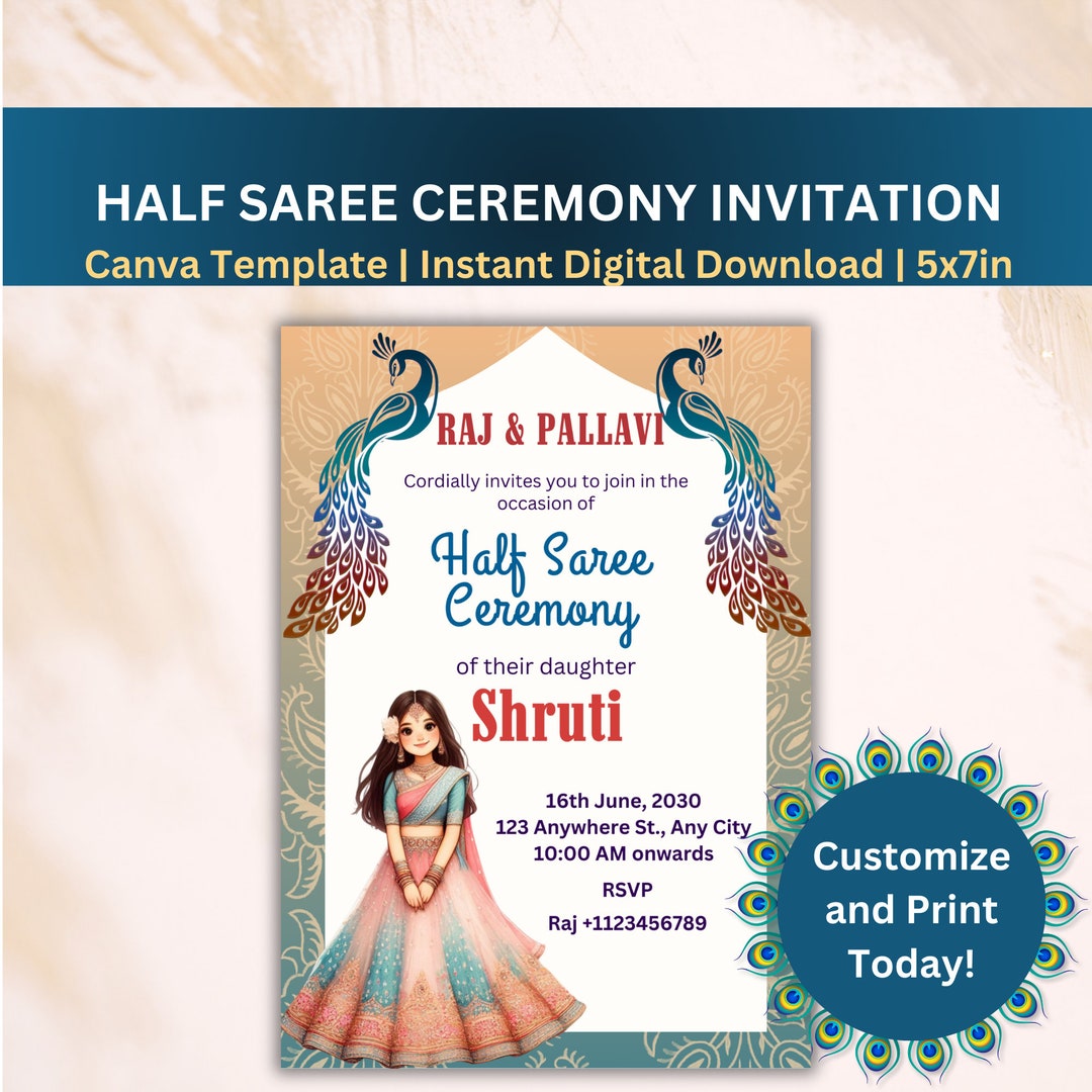 Half Saree Invitation 5x7, Editable Half Saree Ceremony Invitation ...