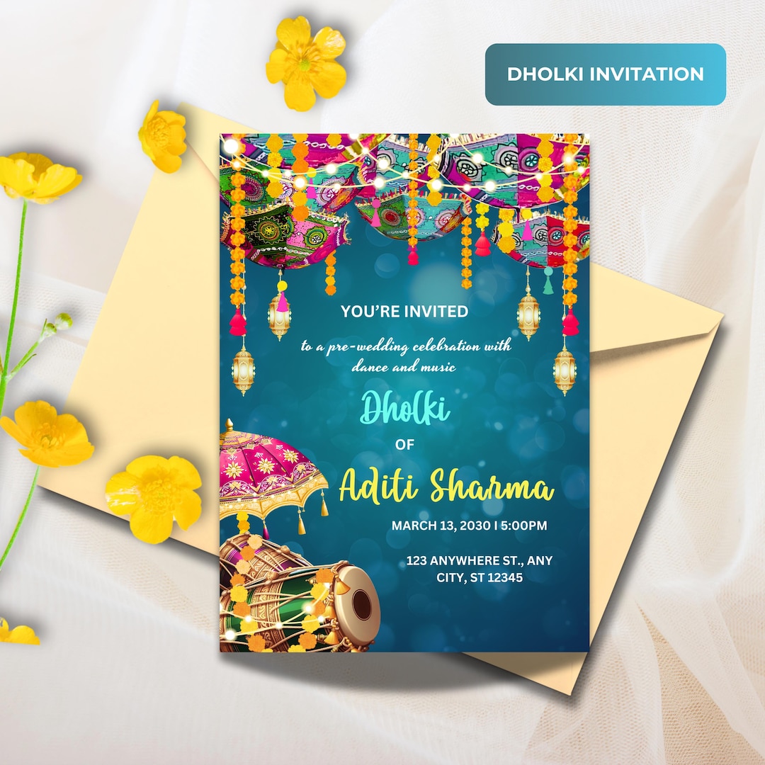 Dholki Invitation 5x7", Editable Colorful Invitation for Dholki Night ...
