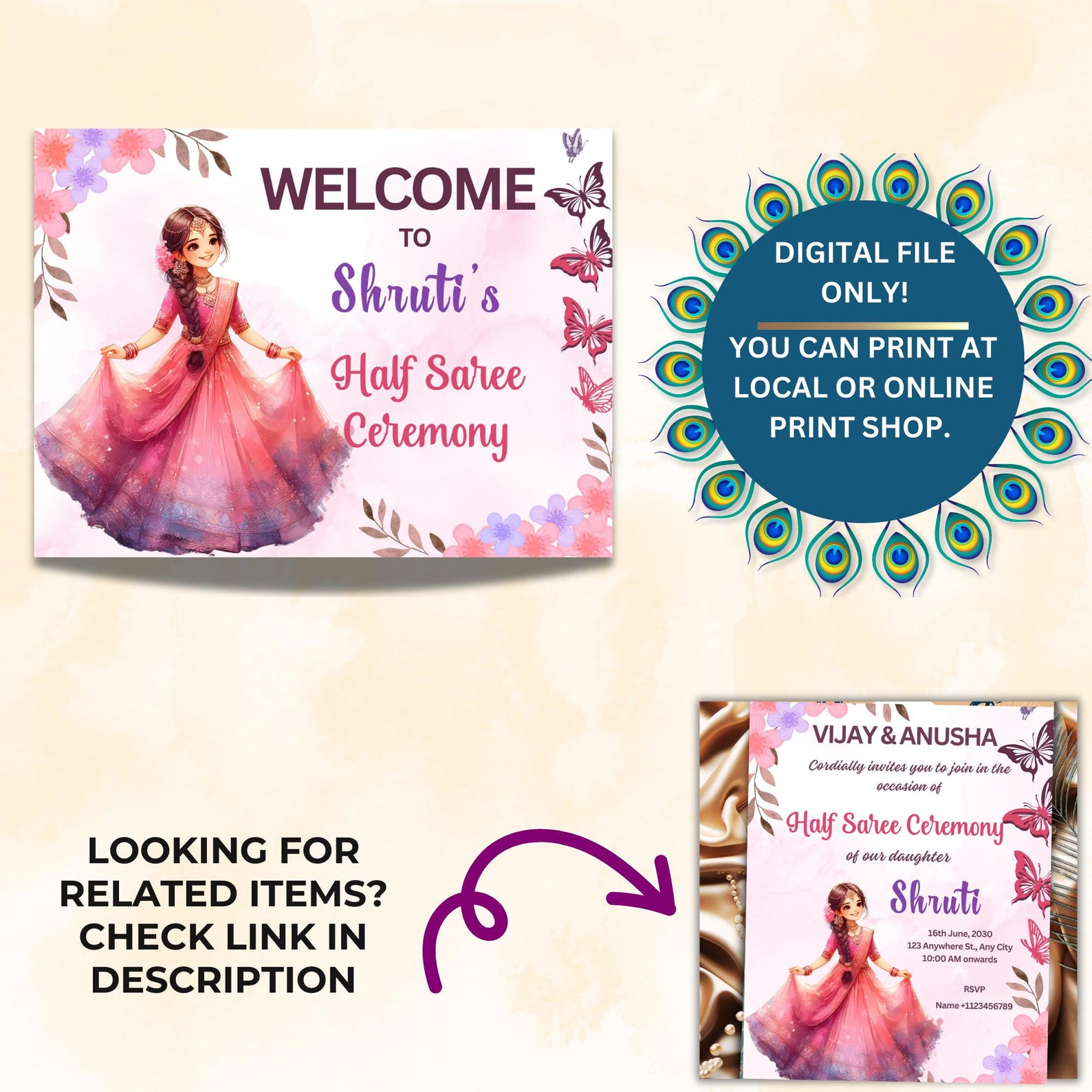 Elegant Half Saree Ceremony Welcome Sign, South Indian Puberty Ceremony ...
