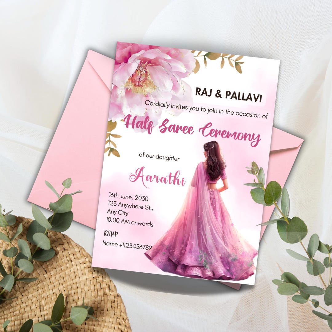 Half Saree Invitation 5x7, Editable Half Saree Ceremony Invitation ...