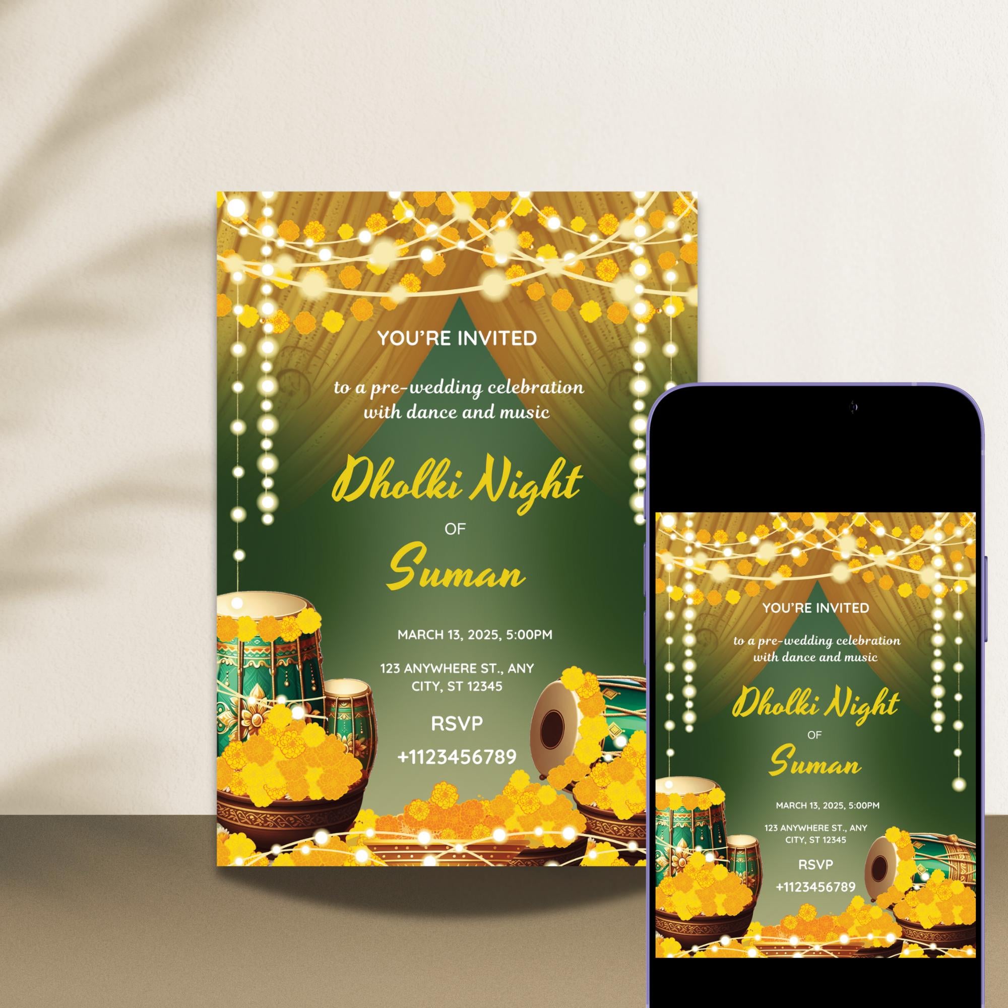 Dholki Invitation 5x7", Editable Colorful Invitation for Dholki Night ...