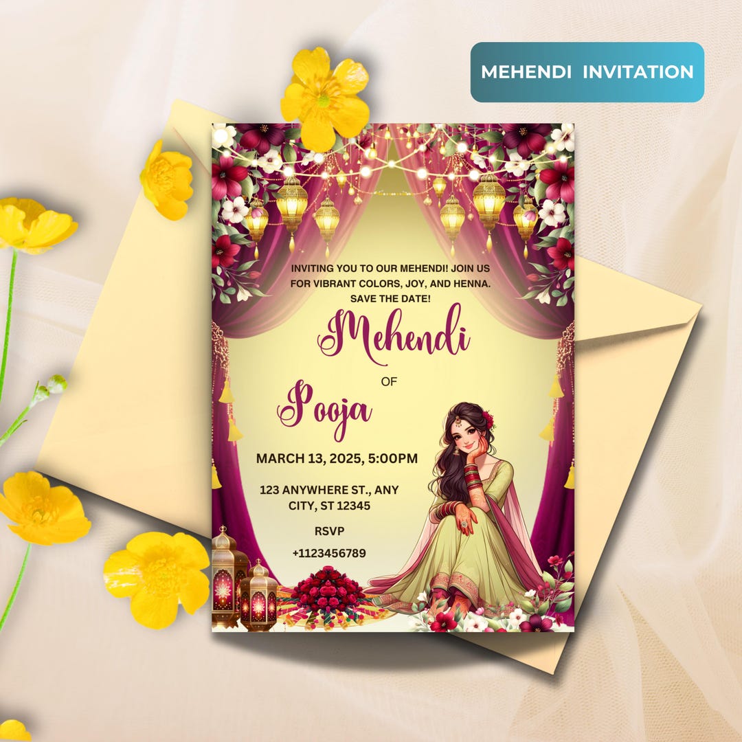 Mehndi Invitation 5x7", Editable Invitation for Mehendi Night, Mehendi ...
