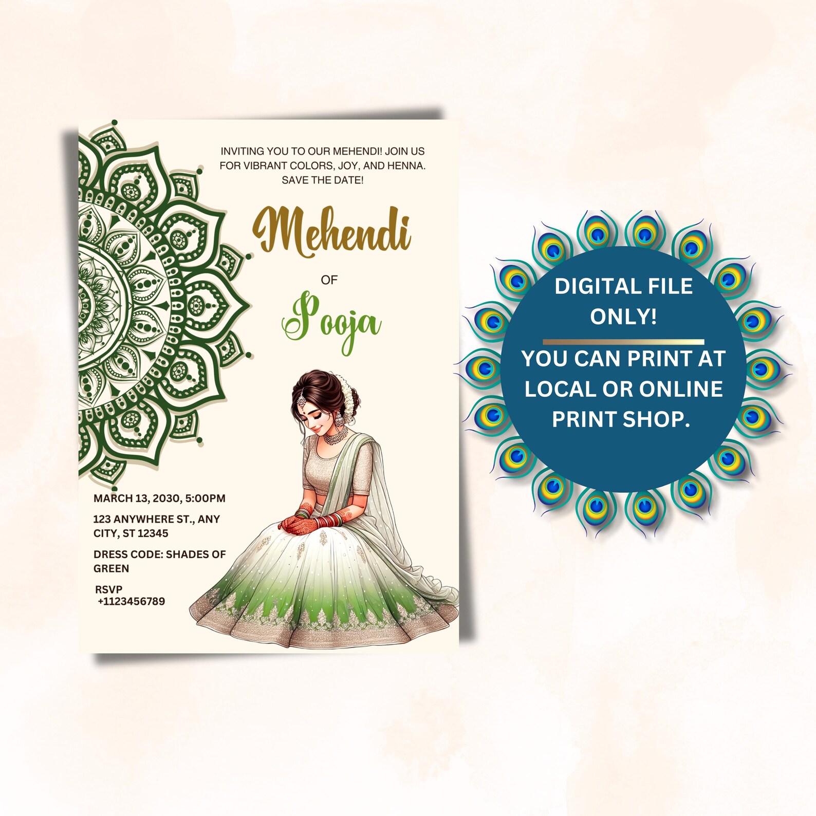 Mehndi Invitation 5x7", Editable Invitation for Mehendi Night, Mehendi ...