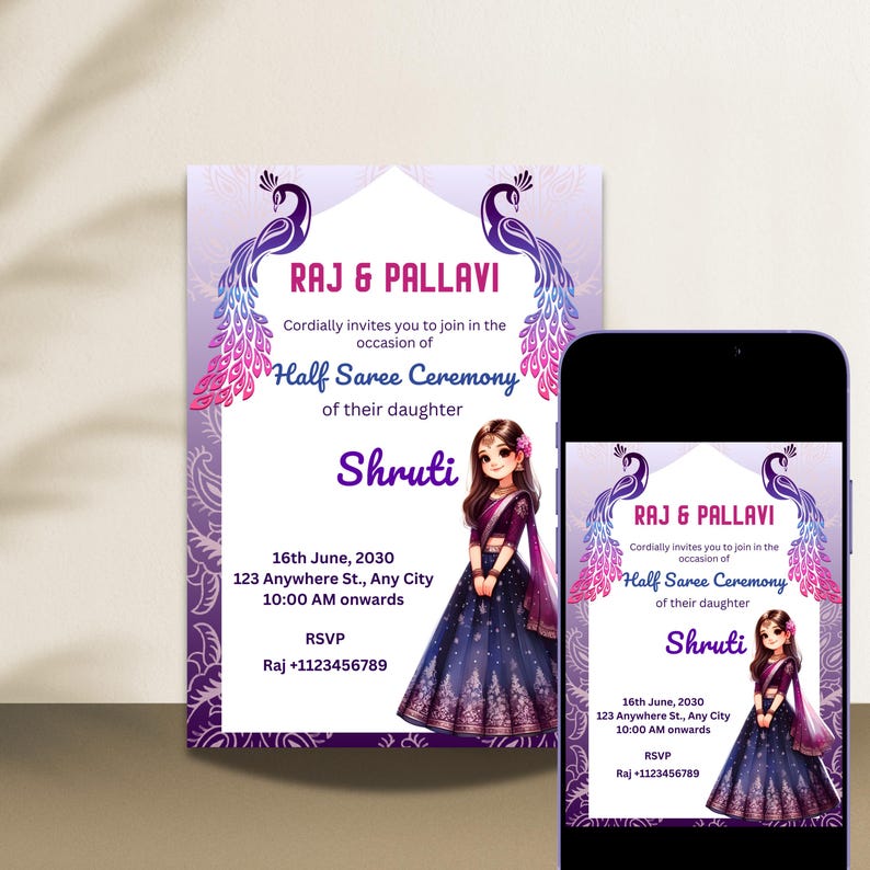 Half Saree Invitation 5x7", Editable Half Saree Ceremony Invitation ...