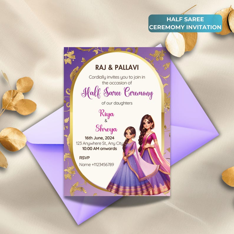 Half Saree Invitation for Sisters, Editable Half Saree Ceremony ...