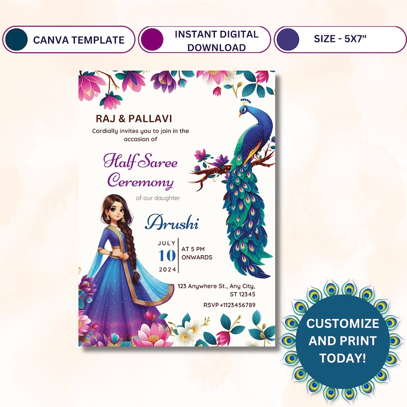 Half Saree Invitation 5x7", Editable Half Saree Ceremony Invitation ...
