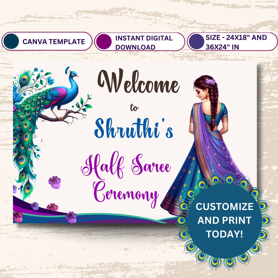 Half Saree Ceremony Welcome Sign, Customizable South Indian Puberty ...
