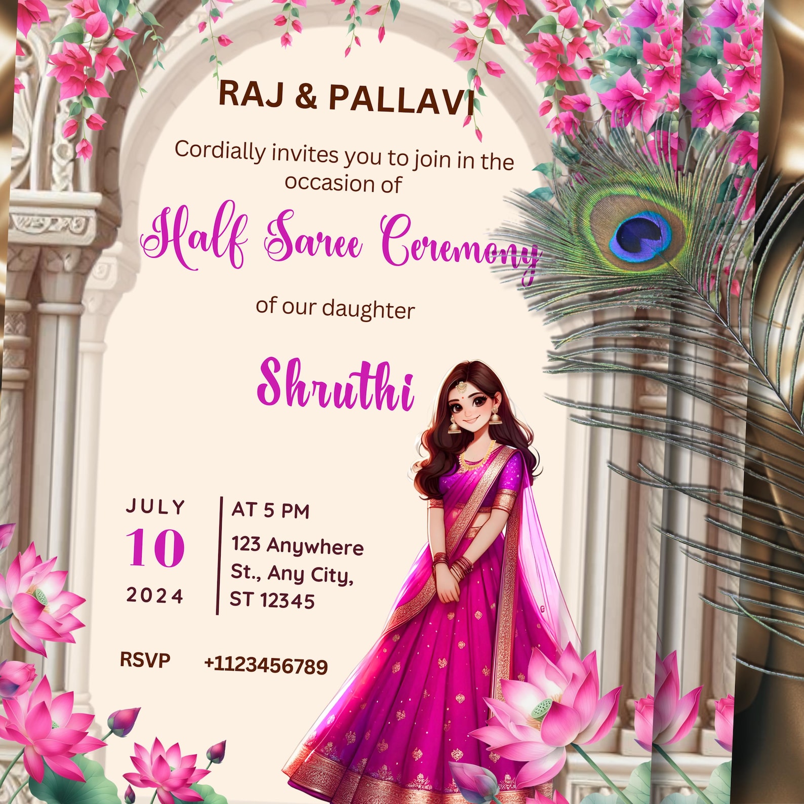 Half Saree Invitation 5x7", Editable Half Saree Ceremony Invitation ...