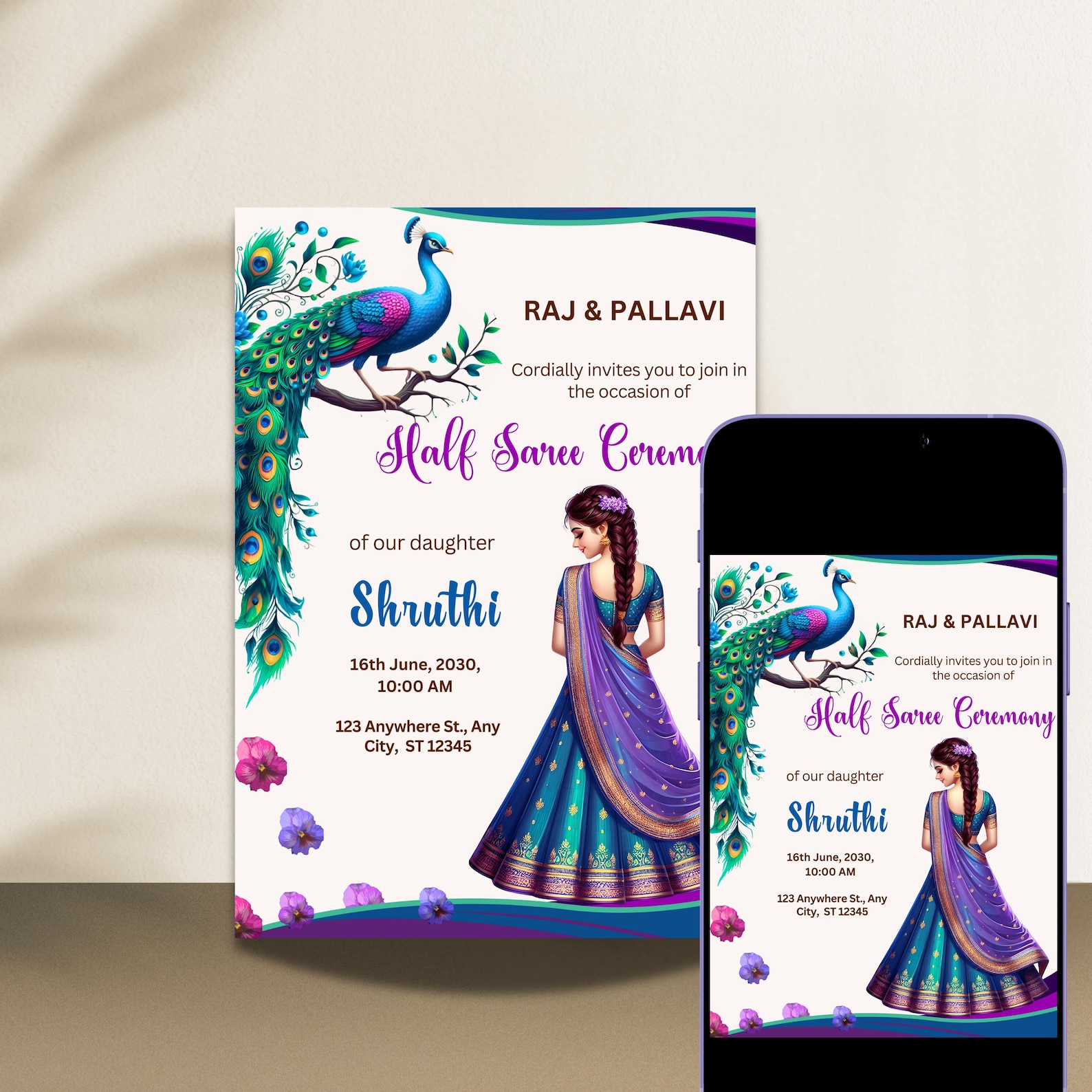 Half Saree Invitation 5x7", Editable Half Saree Ceremony Invitation ...