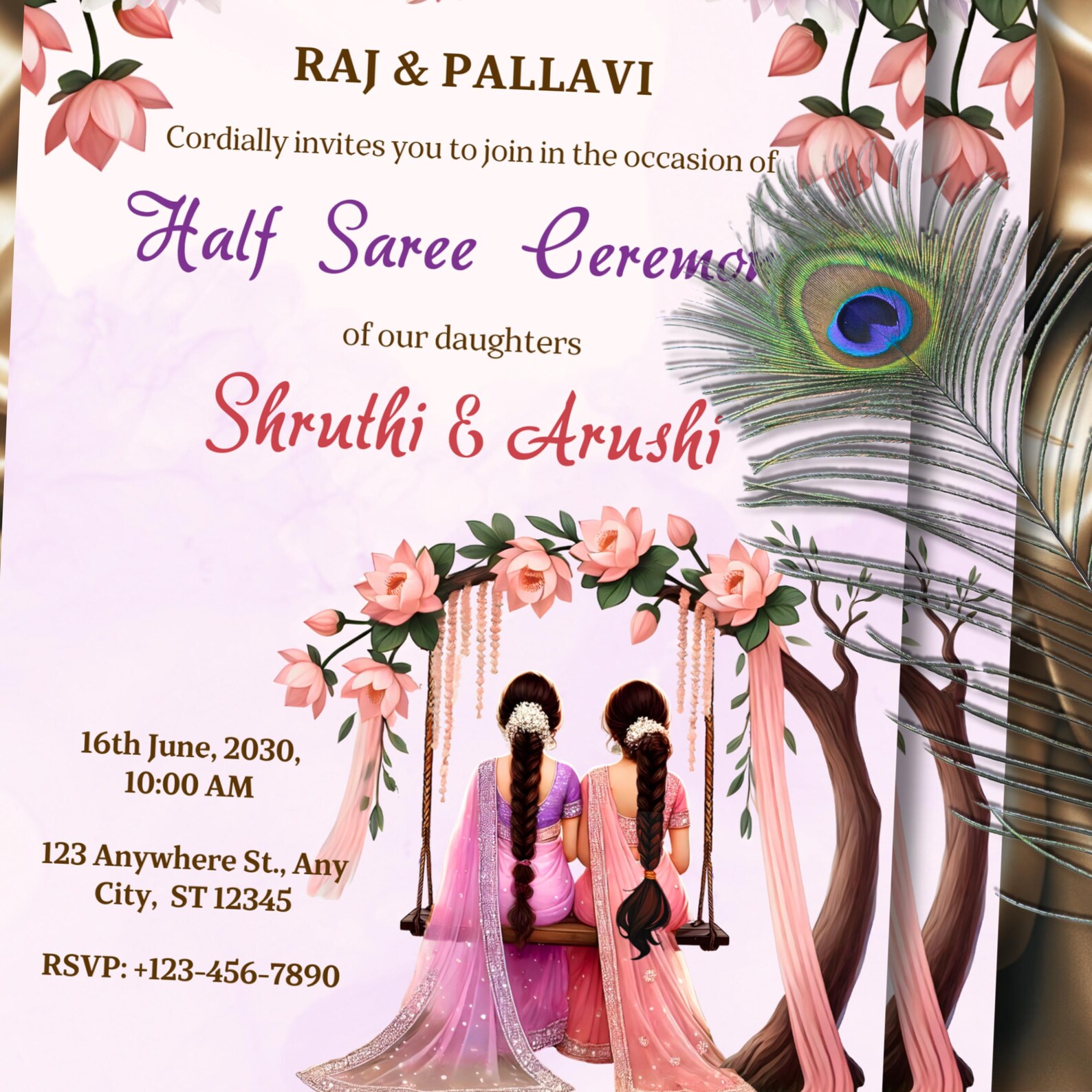 Half Saree Invitation 5x7", Editable Half Saree Ceremony Invitation ...
