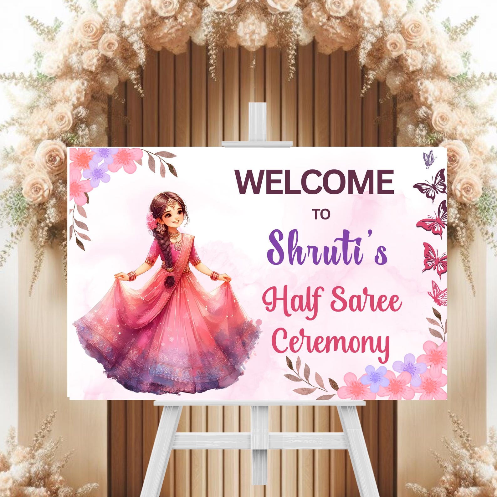 Elegant Half Saree Ceremony Welcome Sign, South Indian Puberty Ceremony ...