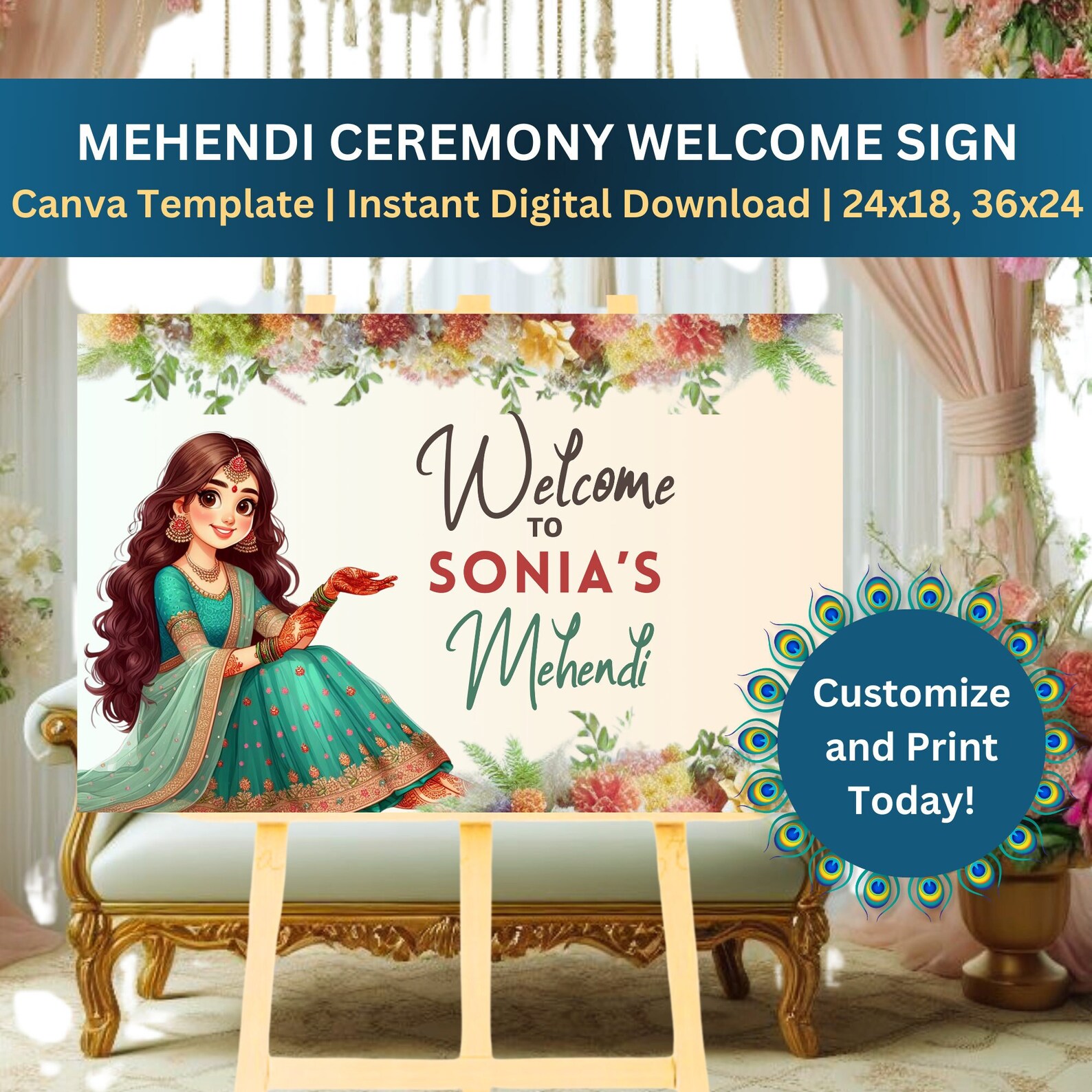 Mehndi Sign, Editable Welcome Sign for Mehendi Night, Mehendi Welcome ...