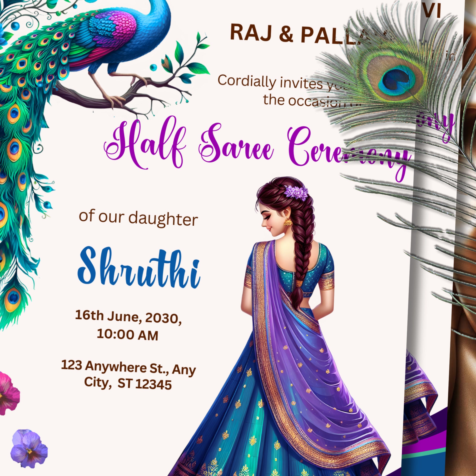 Half Saree Invitation 5x7, Editable Half Saree Ceremony Invitation ...