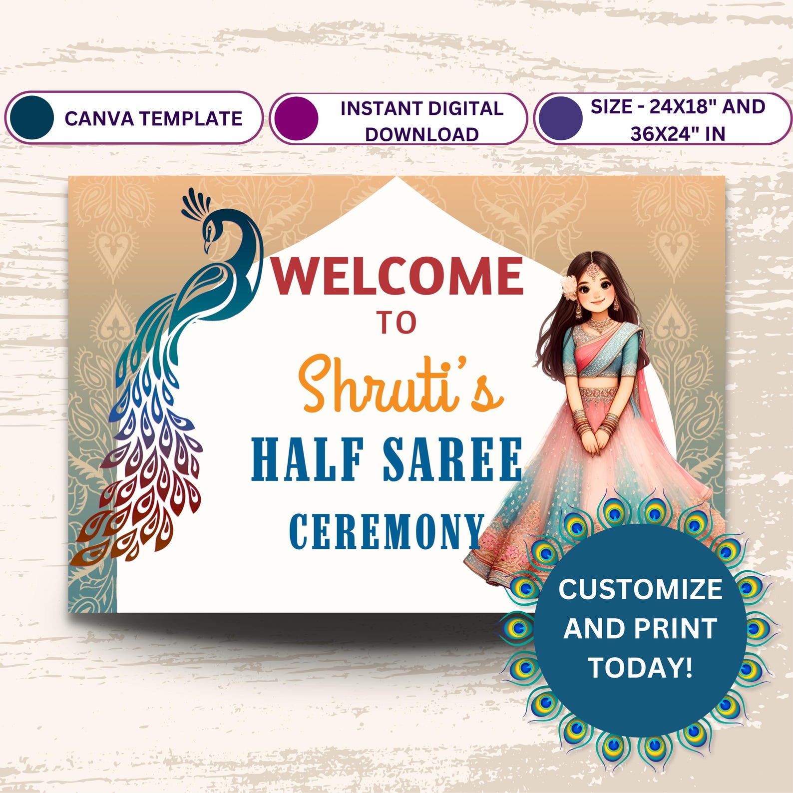 Half Saree Ceremony Welcome Sign, Customizable South Indian Puberty ...